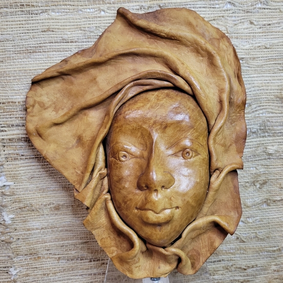Art | Vintage Sculpted Leather Art Girls Face 3d Wall Hanging Mask ...